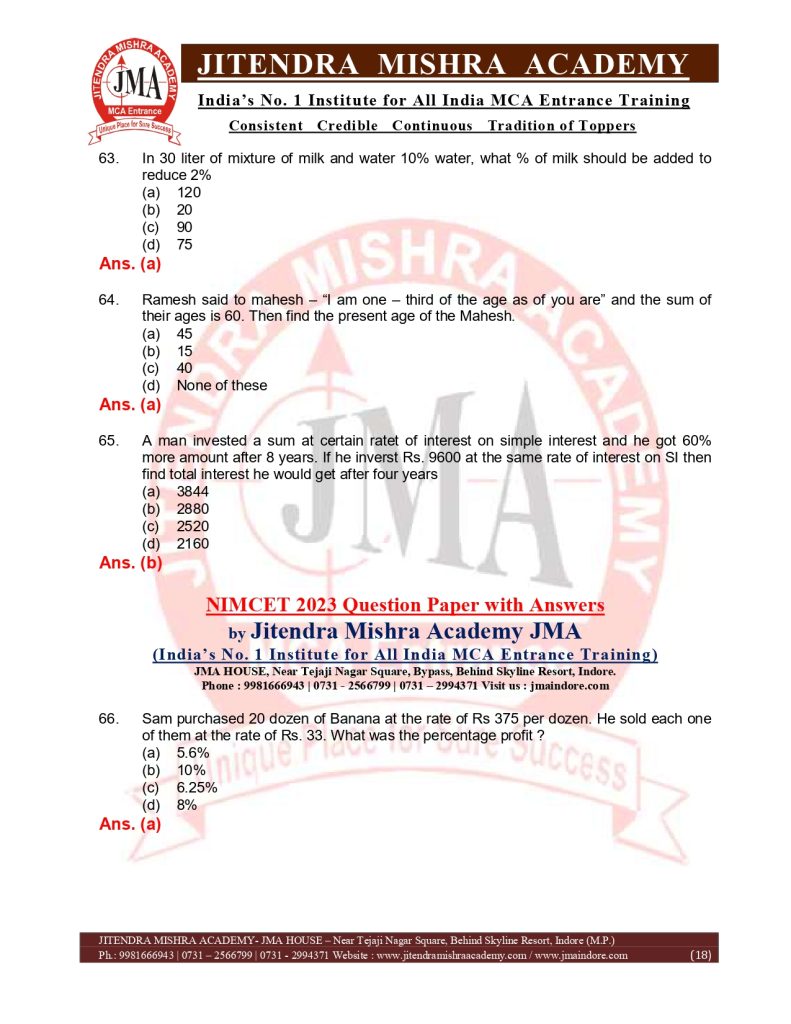 NIMCET 2023 Question Paper & Answers | Jitendra Mishra Academy | Indore MP