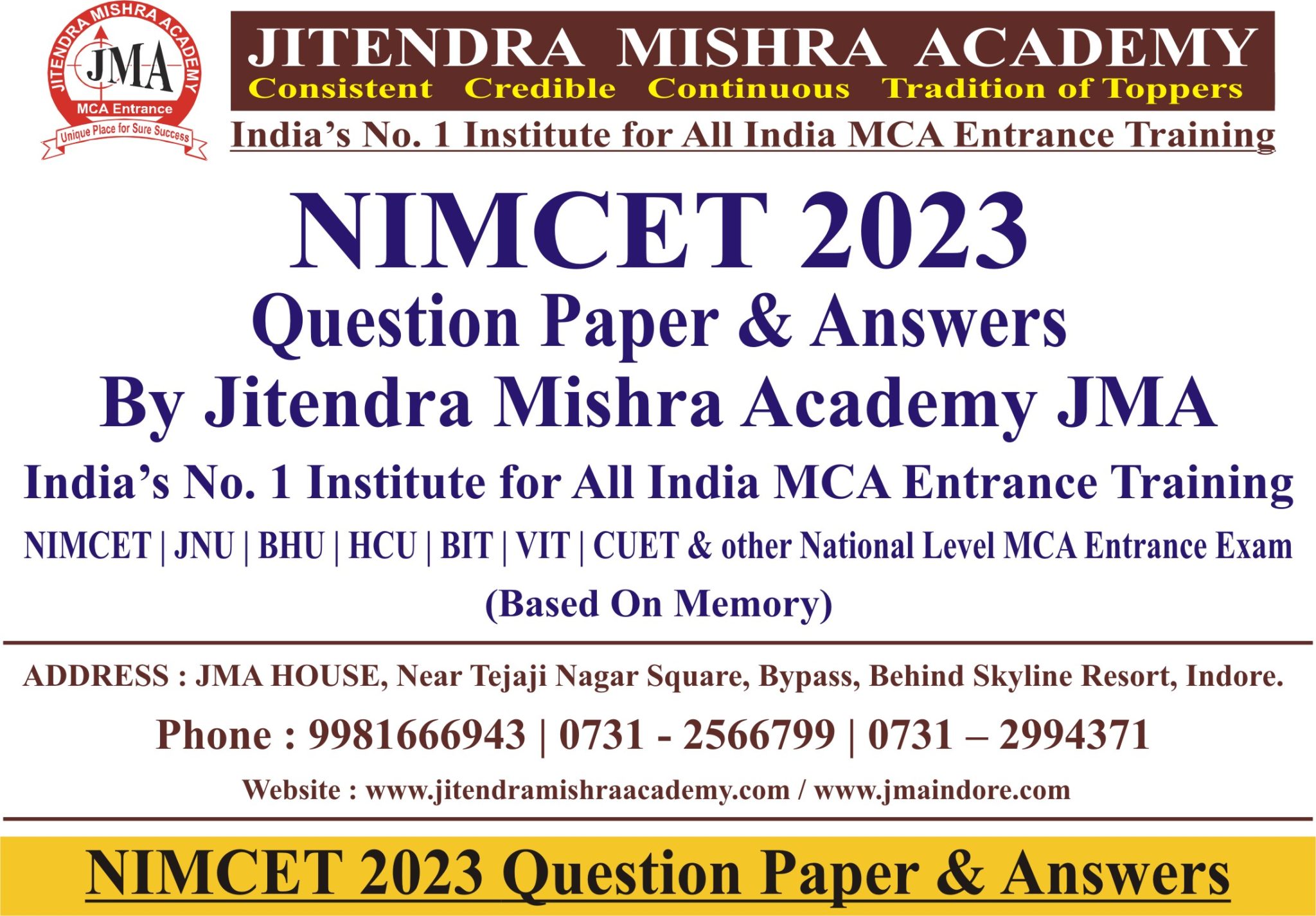 NIMCET 2023 Question Paper & Answers | Jitendra Mishra Academy | Indore MP