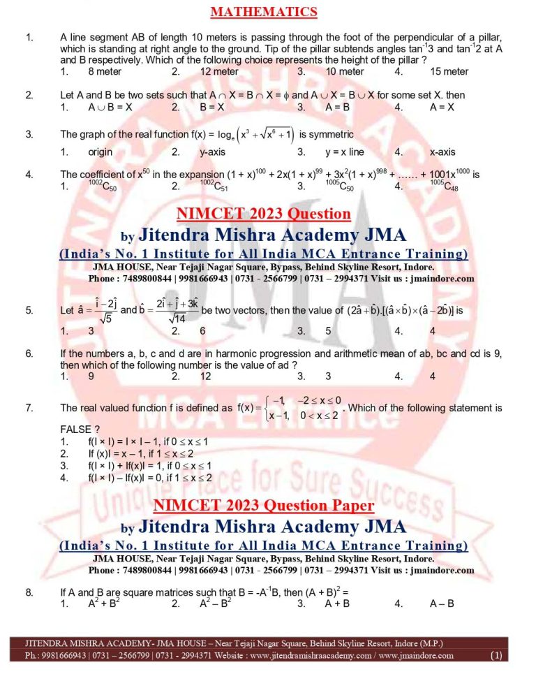 NIMCET 2023 Question Paper | Jitendra Mishra Academy | Indore MP