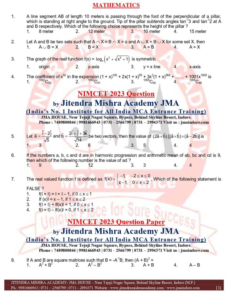 NIMCET 2023 Question Paper | Jitendra Mishra Academy | Indore MP