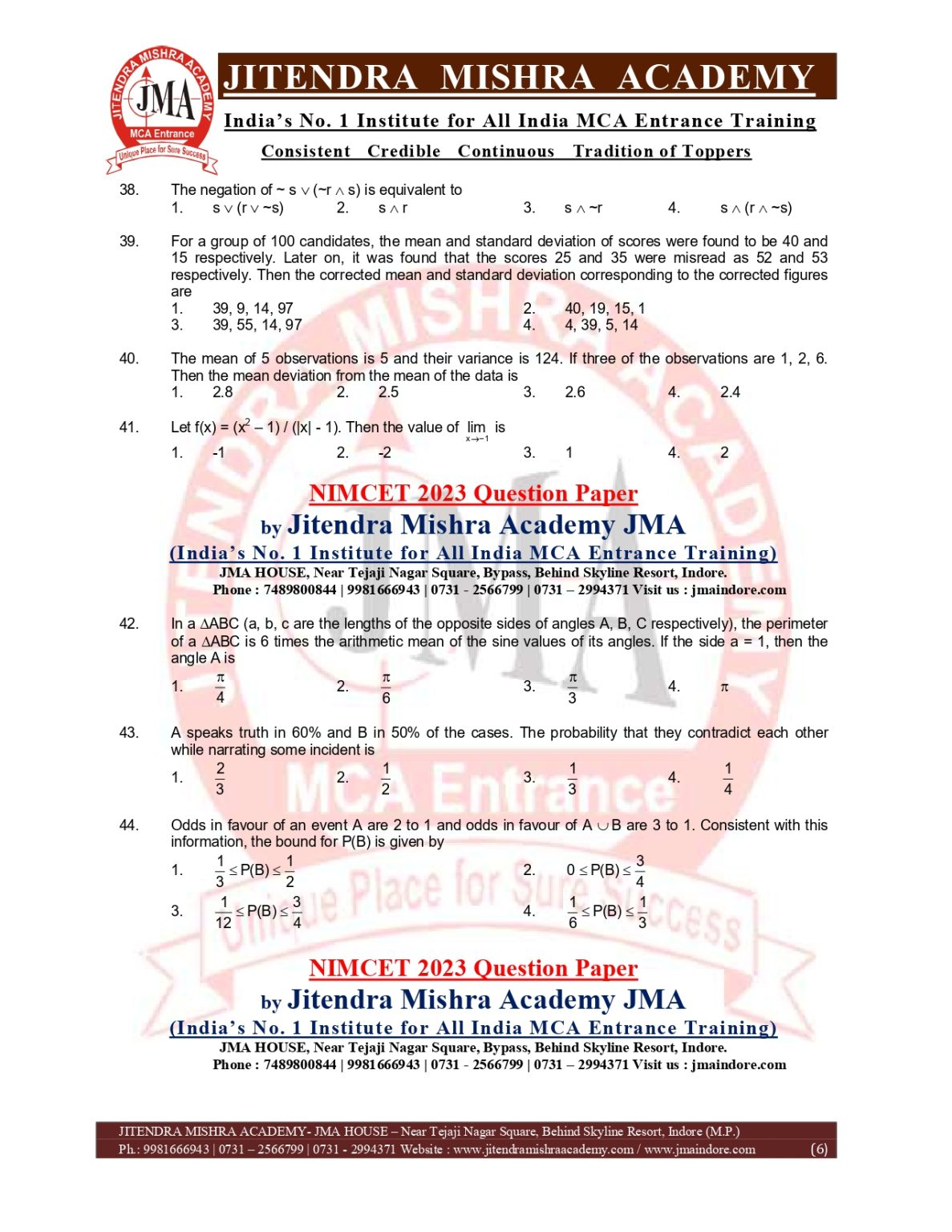 NIMCET 2023 Question Paper | Jitendra Mishra Academy | Indore MP