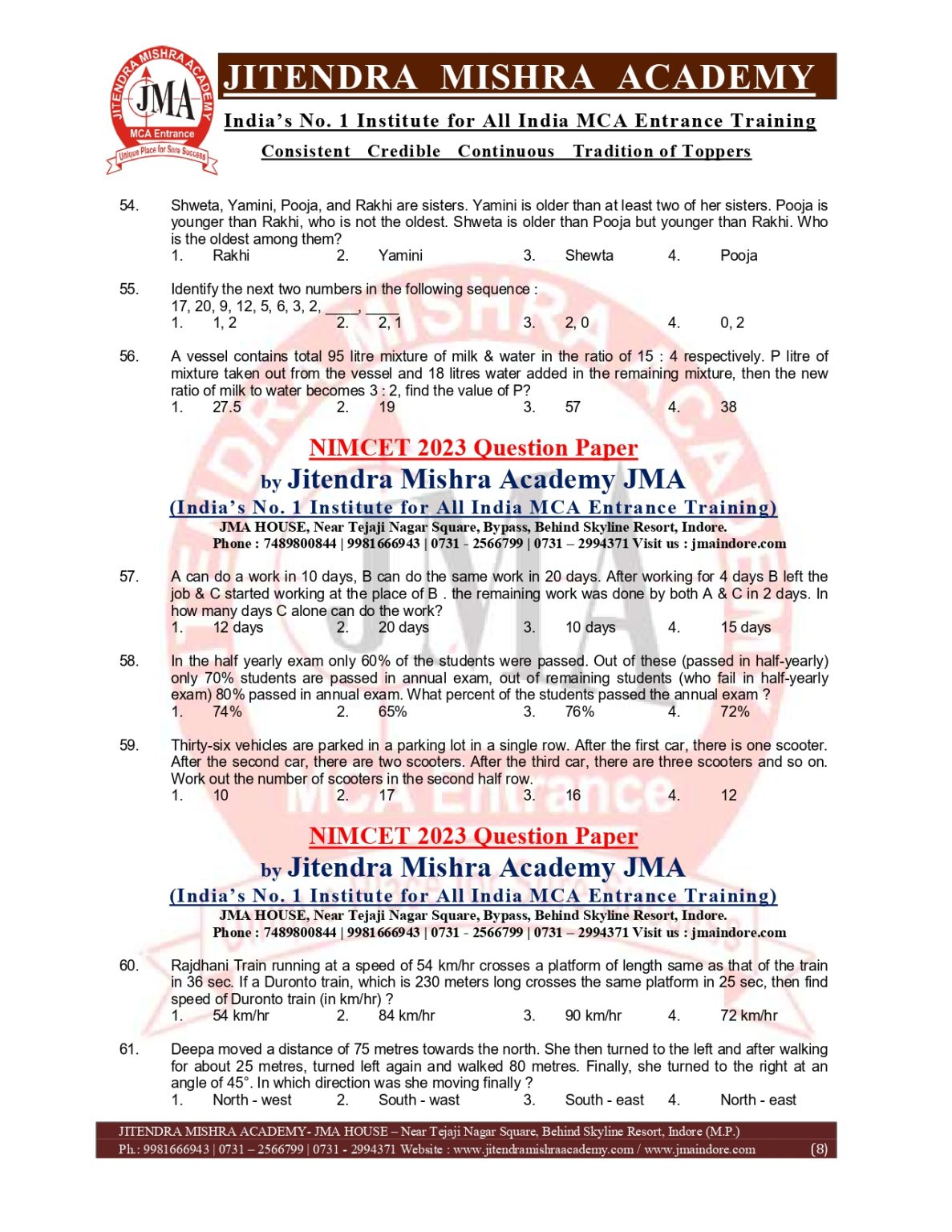 NIMCET 2023 Question Paper | Jitendra Mishra Academy | Indore MP